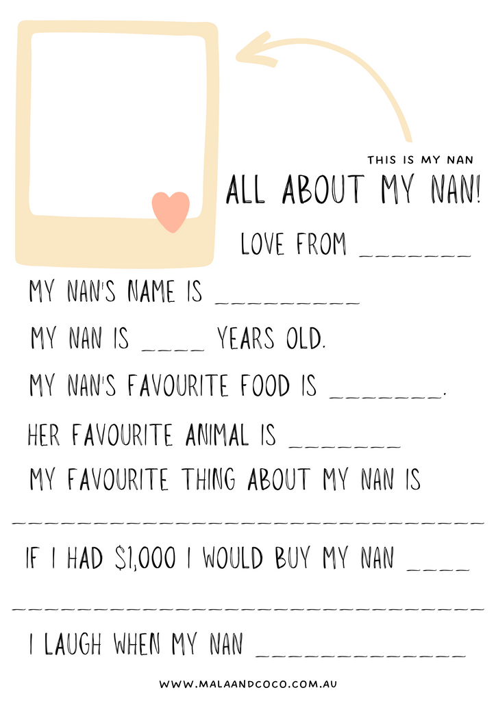 ALL ABOUT MY NAN - FREE PRINTABLE – Mala and Coco